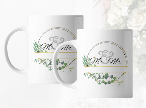 Personalised Couples Wedding Mugs With Gold Circle & Green Leaf Design ...