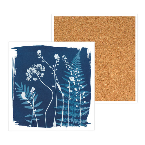 White ceramic coaster with blue botanical design | Marnie Jones Studio