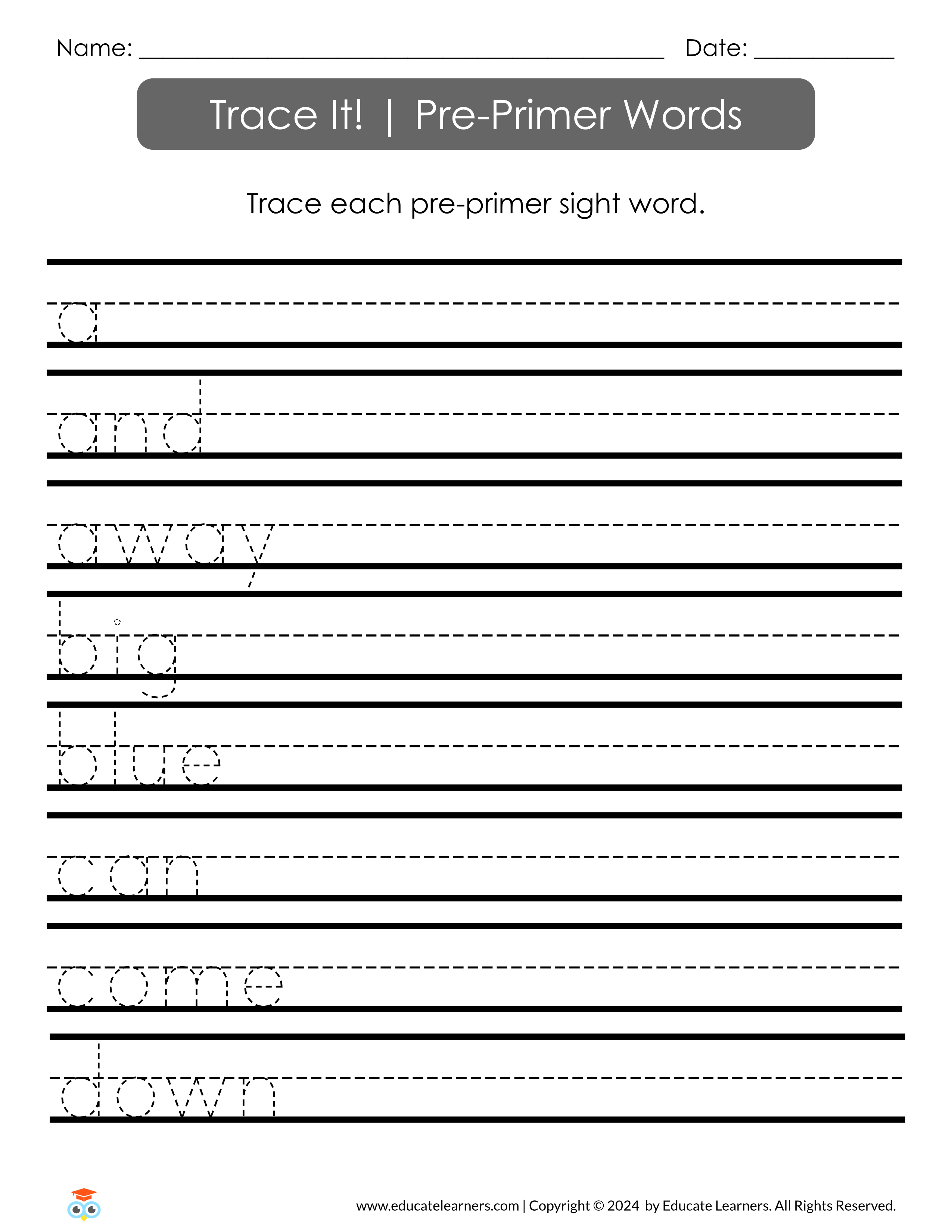 Trace It! | Pre Primer Dolch Sight Words EL 387