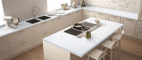 CALACATTA MIRAGGIO GOLD QUARTZ COUNTERTOP | SB TILE AND STONE