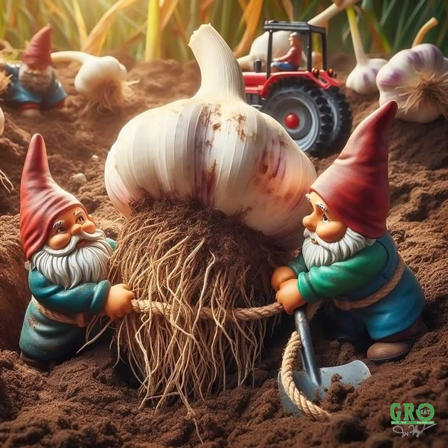 Two gnomes harvesting garlic | GroEat