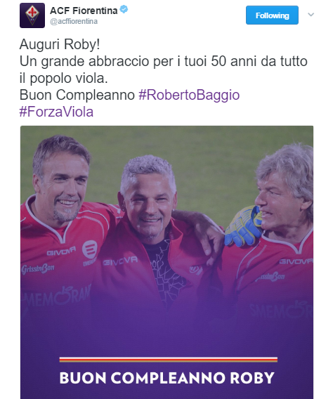 Dall'Acf Fiorentina, gli auguri a Roby Baggio