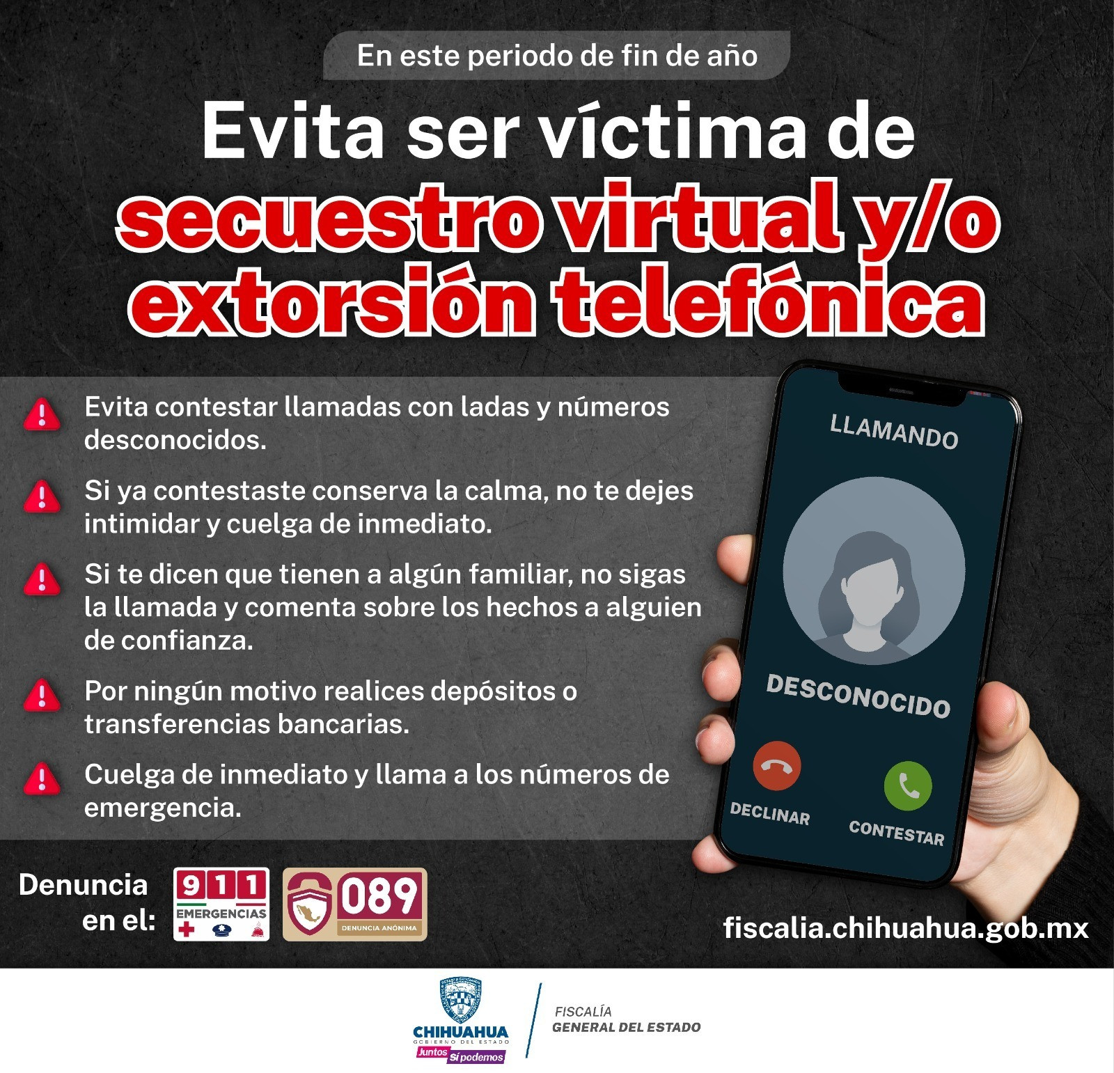 Alerta Fiscalía contra secuestro virtual y extorsión telefónica