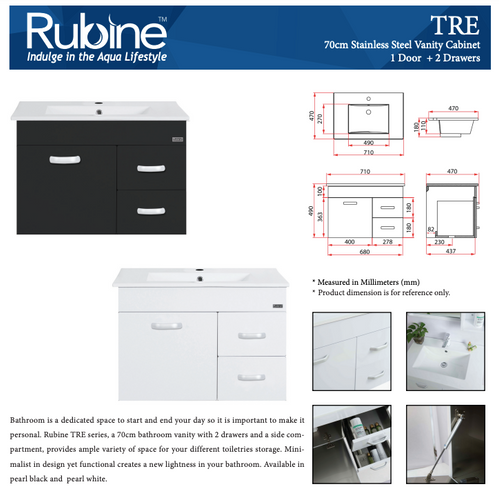 Rubine basin cabinet 70cm Stainless Steel Bathroom Cabinet - 1 door + 2 ...