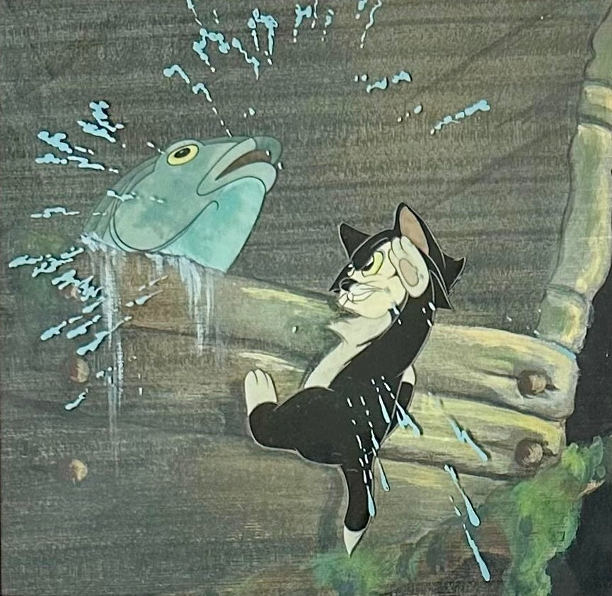 Original Production Animation Cel of Figaro, Fish, and Water Effects ...