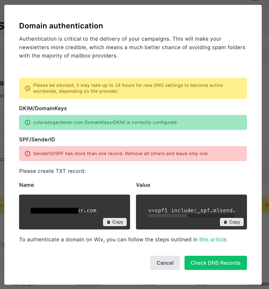 Authenticating Domain Emails on Wix for Email Marketing providers like Mailchimp or MailerLite