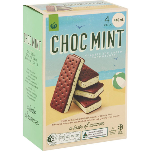Woolworths Peppermint Chocolate Flakes Ice Cream Sandwich 4 pack | Zula ...