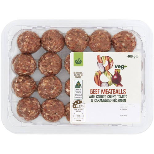 Woolworths &veg Beef Meatballs With Carrot Celery Tomato & Onion 400g ...