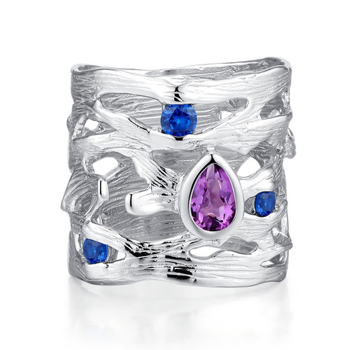 HANDMADE BRUSHED SILVER RING WITH AMETHYST AND NANO BLUE SAPPHIRE | perre