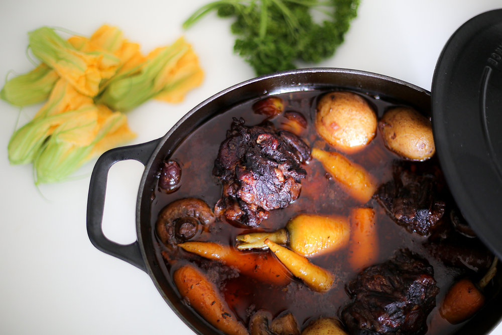 Ox Tail Stew with Baby Root Vegetables and Red Wine