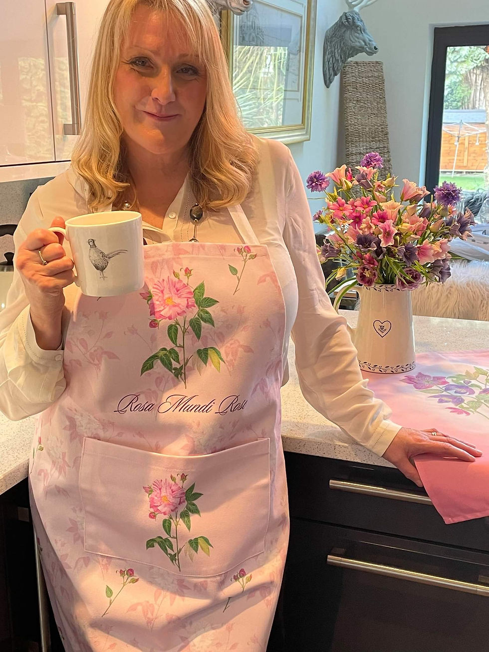 Rosa Mundi Rose Apron (Pink Background) | Meg Muir Artist