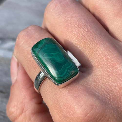Long rectangle malachite ring | justjewellery