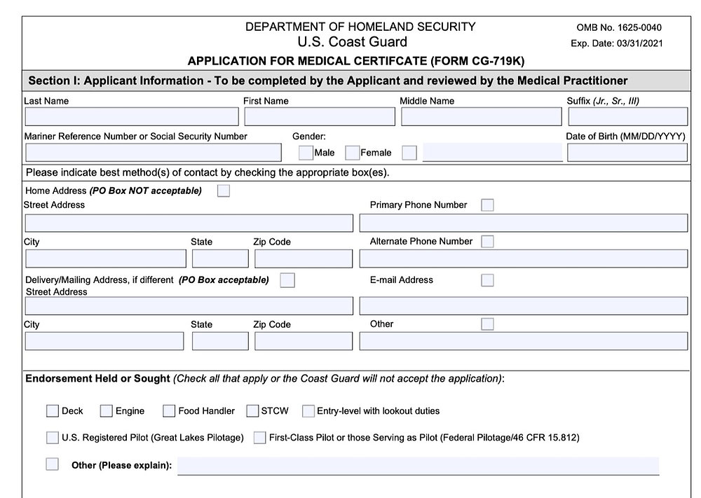 What do I write for Endorsement Held or Sought on my CG719K medical form?