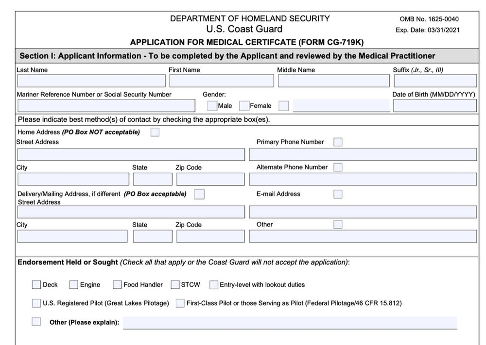 What do I write for Endorsement Held or Sought on my CG719K medical form?