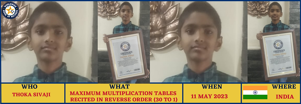 Maximum Multiplication Tables Recited In Reverse Order (30 To 1) - World Record By Thoka Sivaji