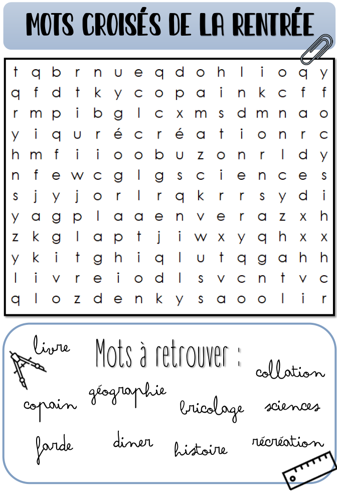 Mots croisés sur le thème de la rentrée scolaire