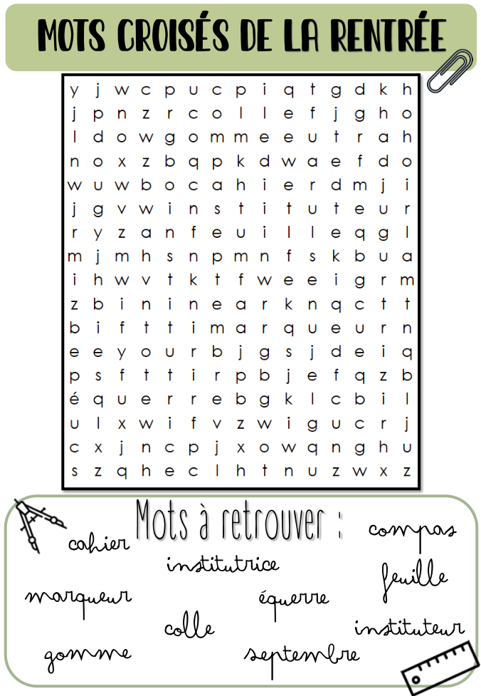 Mots croisés sur le thème de la rentrée scolaire