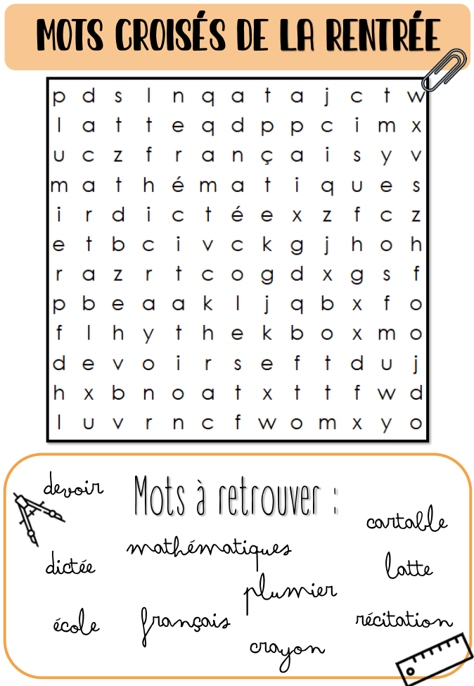 Mots croisés sur le thème de la rentrée scolaire