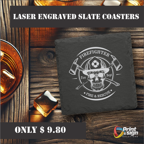 FIREFIGHTER Laser Engraved Slate Coaster | Print & Sign
