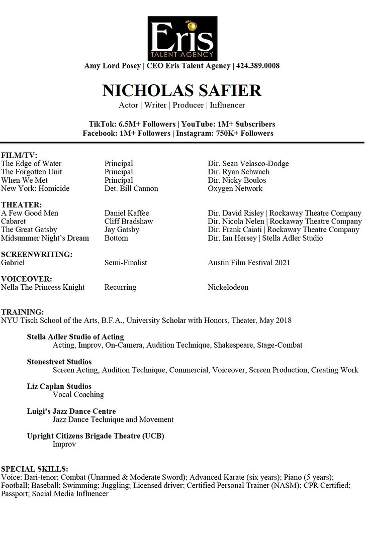 Nicholas Safier - Actor - Nicholassafier.com/Resume