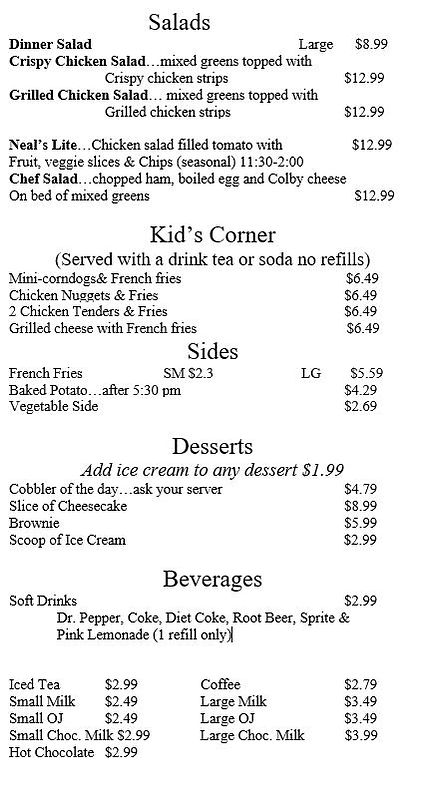 Neals Dining Room Menu