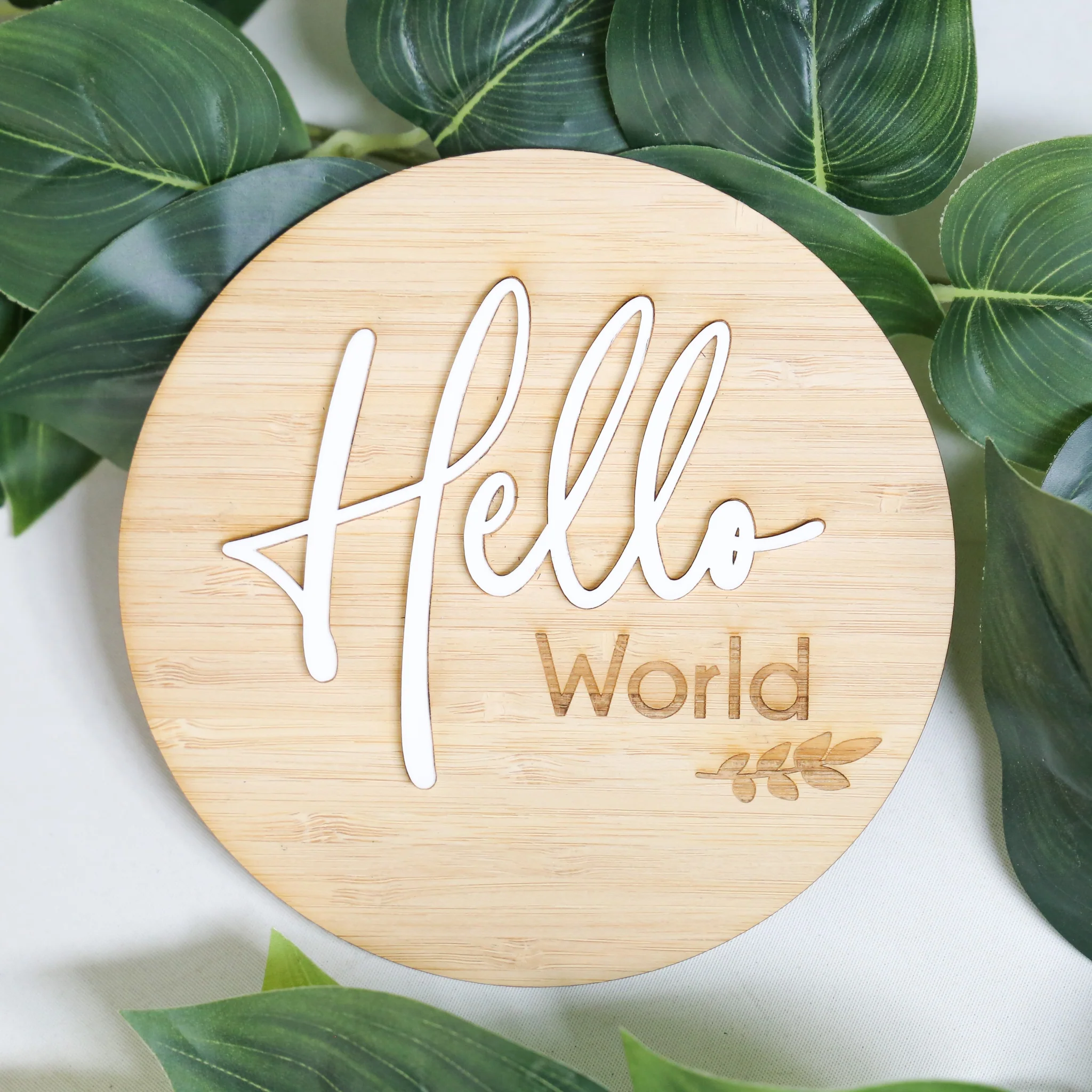 Hello World - Bamboo & Acrylic Birth Announcement Plaque | Mama Bear Bebe