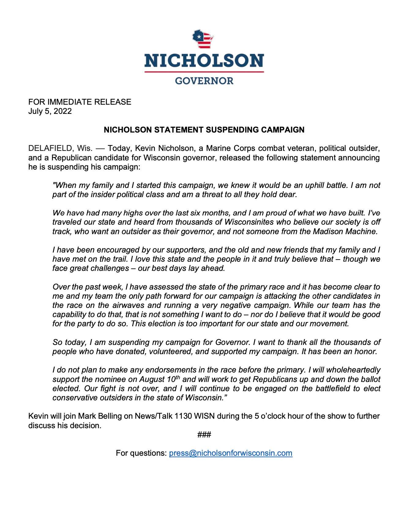 Wisconsin Gubernatorial Candidate Kevin Nicholson Drops Out of Race ...