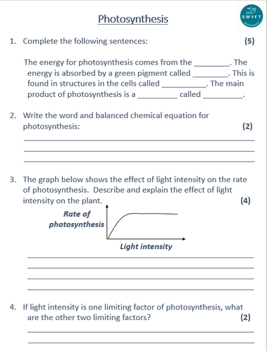 FREE Photosynthesis Homework & Mark Scheme | Swyft resources
