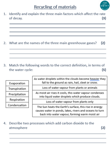 FREE Recycling of Materials Homework & Mark Scheme | Swyft resources