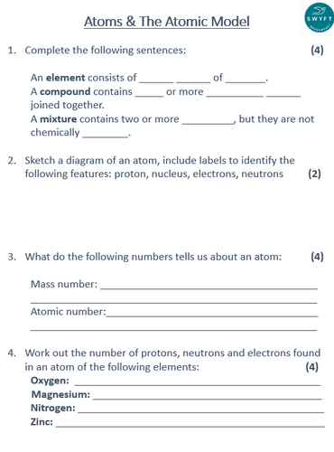 FREE Atoms & The Atomic Model Homework & Mark Scheme | Swyft resources