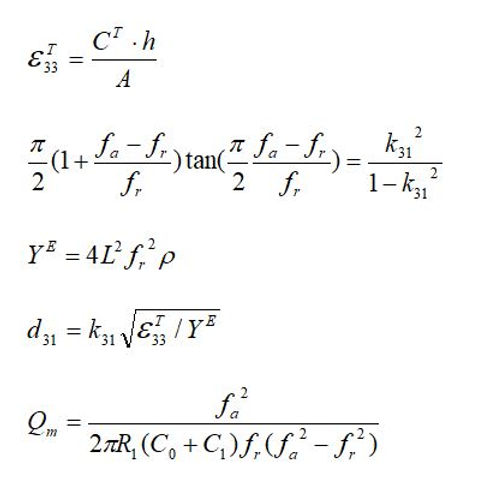 Formula and equations for piezoelectric materials characterization