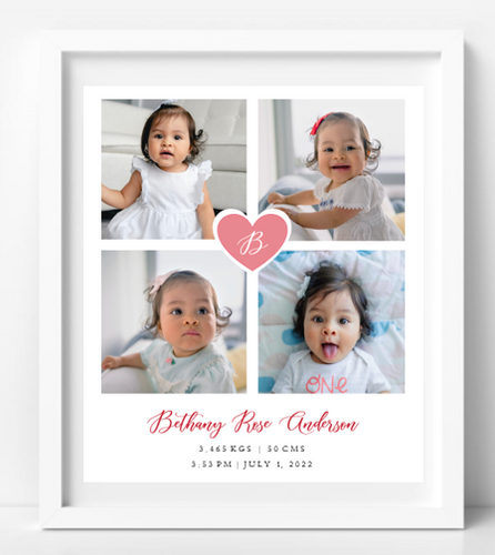 4 Photo Birth Details Curvy Font Frame | BabyCusch