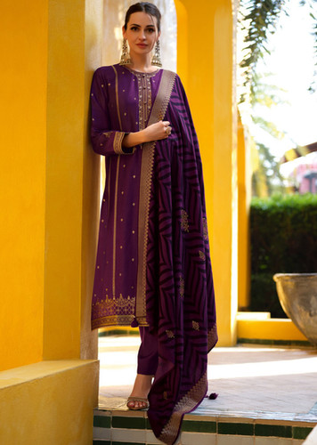 Byzantine Purple Matte Satin Solid Suit with Digitally Printed and ...