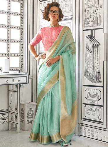 Powder Blue & Linen Saree with Designer Pink Blouse | TST | The Silk Trend