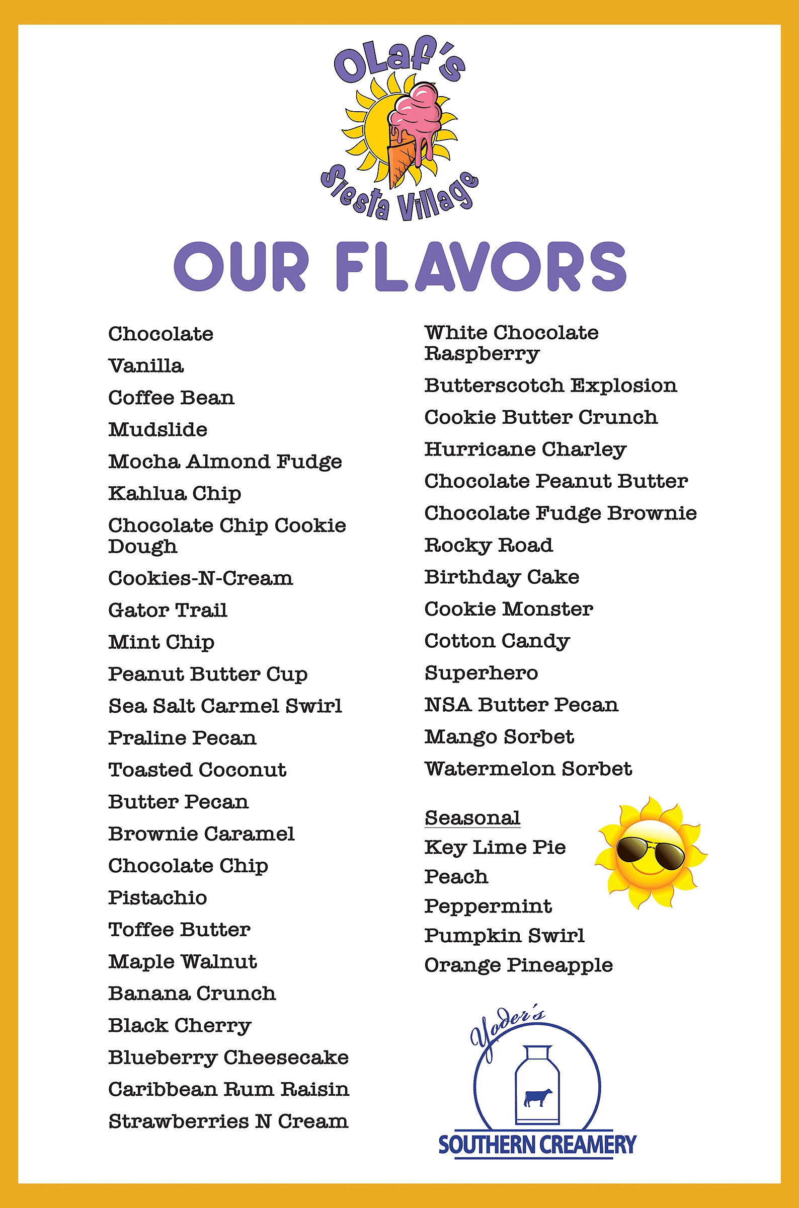 Menu | Ice Cream Shop | Olaf's Siesta Village | Siesta Key, Florida