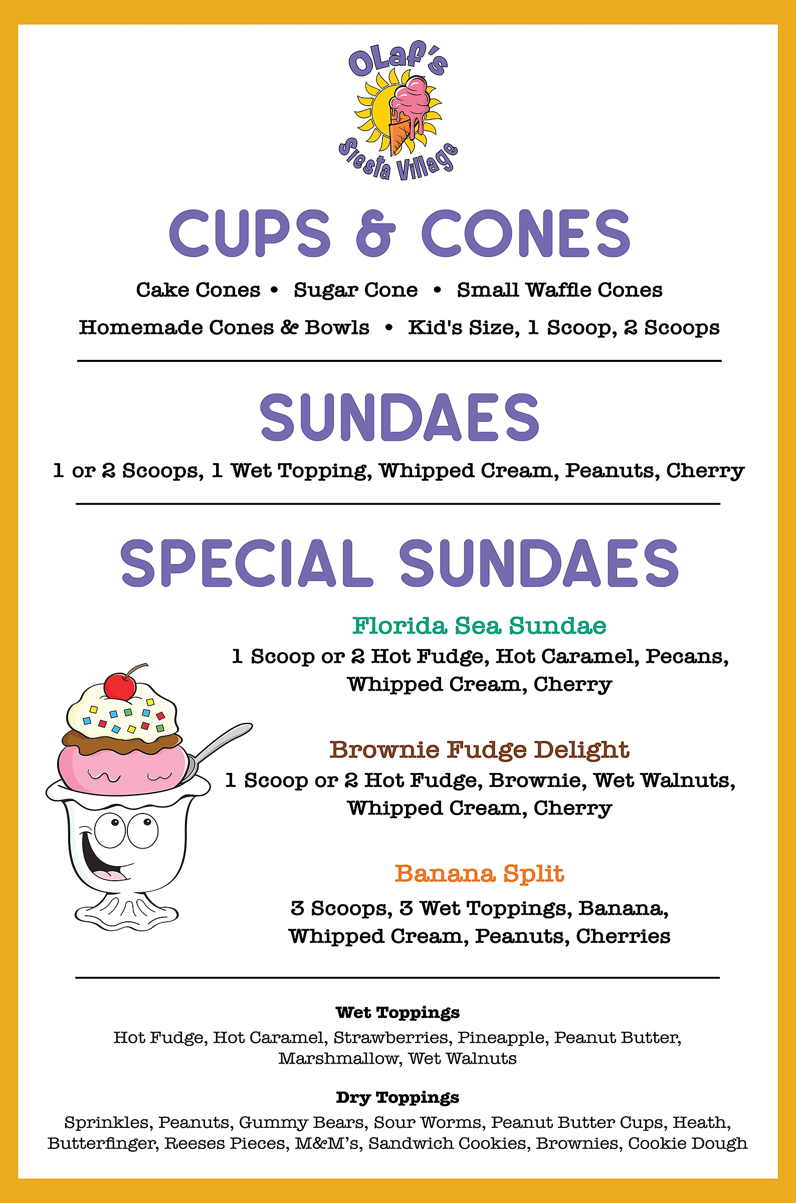 Menu | Ice Cream Shop | Olaf's Siesta Village | Siesta Key, Florida
