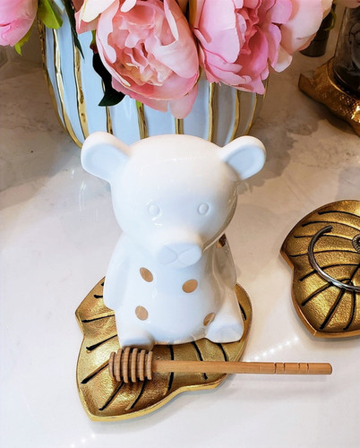 Bear Honey pot with wood dipper - Gold Polka Dot | FH Decor Canada