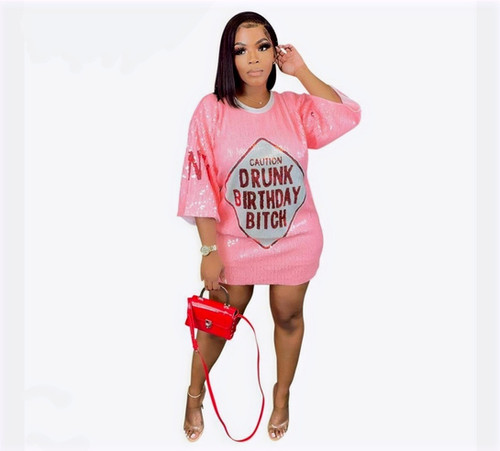 Caution Drunk Birthday Girl Sequin T-Shirt Mini Dress | ACHEÉhttps ...