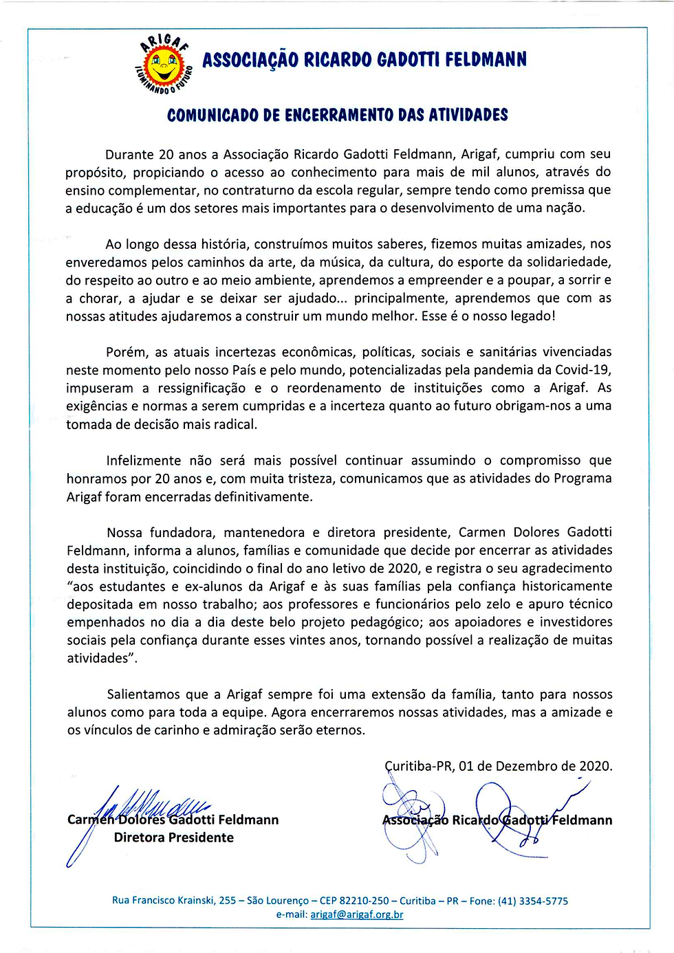 COMUNICADO DE ENCERRAMENTO DAS ATIVIDADES