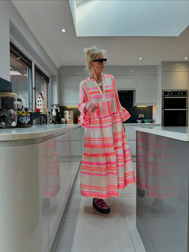 Zakynthos Aztec Dress - Maxi Length - Neon orange & Pink | Ivy & Leaf ...