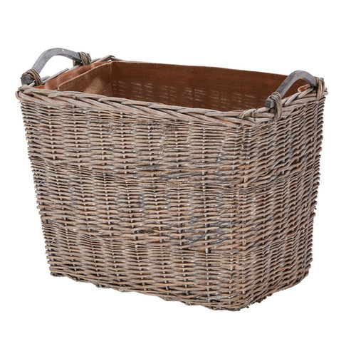 Medium Grey Wash Rectangular Log Basket with Wooden Handles | Onlinestoves