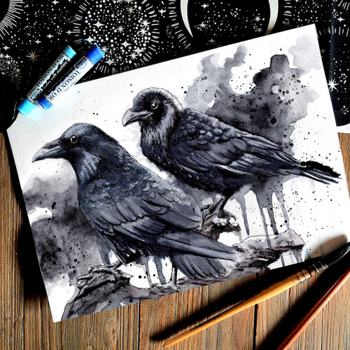 Raben Aquarell Poster, Hugin und Mugin, Viking Print, Schwarze Krähen ...