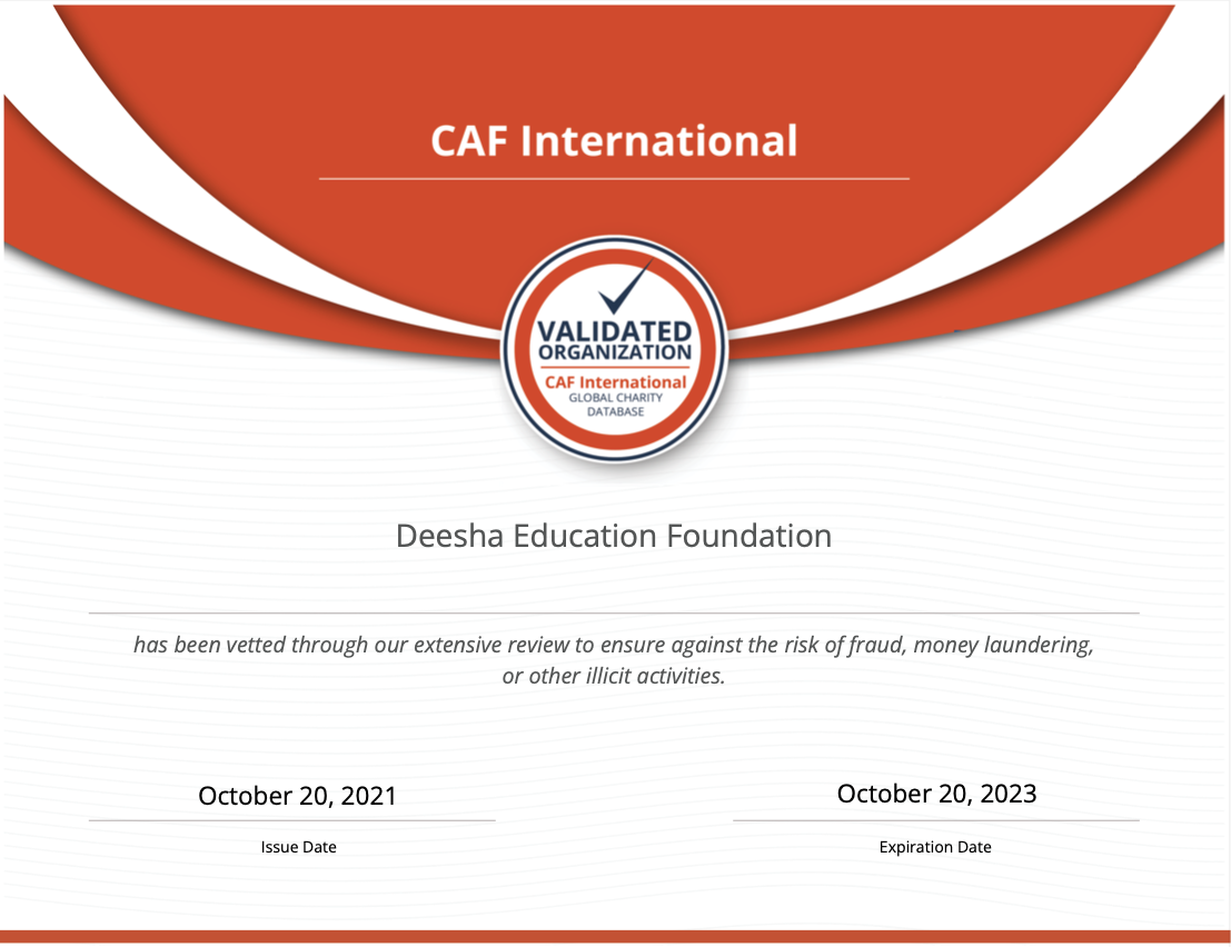 Deesha Education Foundation is a CAF International Validated Organization