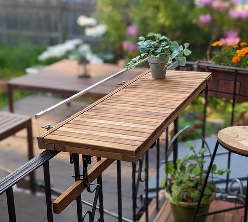 Balcony Bar Table TEAK Bartop FOLDABLE . Compatible with ALL railing ...