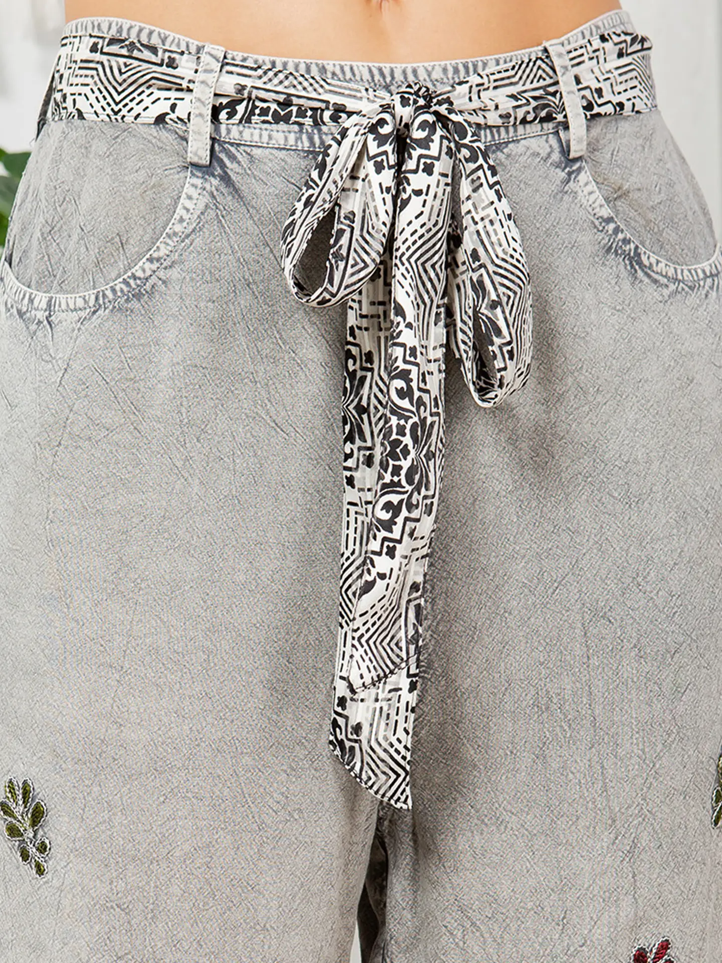 Stonewashed Embroidered Patchwork Pants | Sienna Blue Co