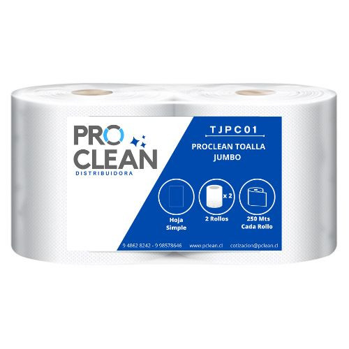 Toalla jumbo autocorte 2 Rollos X 250 Metros Proclean TJPC01 | PROCLEAN