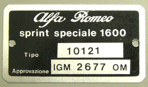 10121 Sprint Speciale 1600 Tipo Plate With Type Approval Number ...
