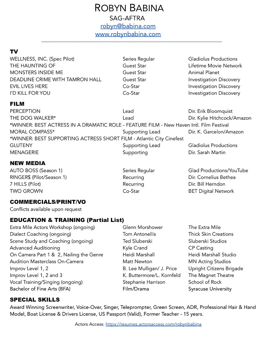 Resume | Award Winning Indie Film Actress Producer | Robyn Babina ...