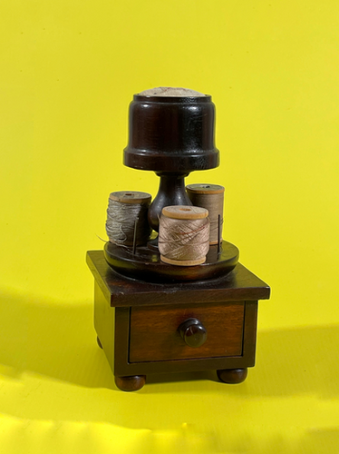 A Small Antique Reel Stand with Drawer& Sampler Pin Cushion ...