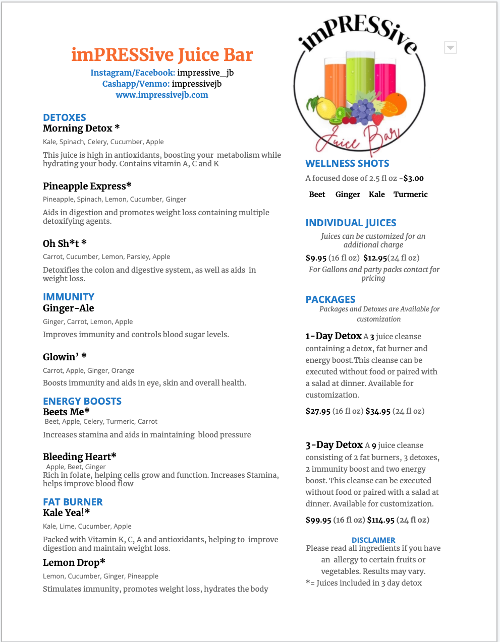 imPRESSive Juice Bar Menu | Impressive Juice Bar
